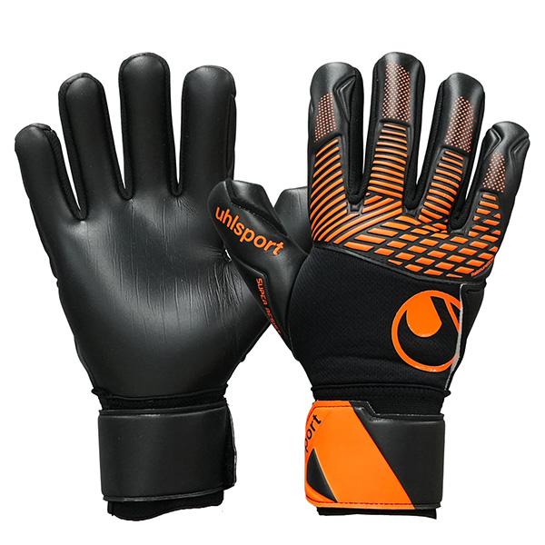 キーパーグローブ GKグローブ ゴールキーパーグローブメーカー：ウールシュポルト uhlsportカラー：ブラックｘフローオレンジ素材：ワイドパームカット／小指外側下部までパームを巻き込みフィット感をUP親指／内側ラップ構造指股、バックハン...