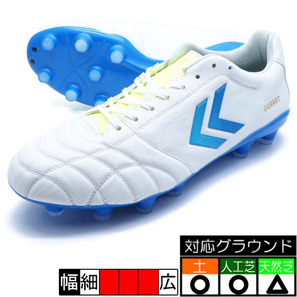 サッカースパイクメーカー：ヒュンメル hummelカラー：ホワイト×ライトブルーアッパー：カンガルーレザー×人工皮革アウトソール：合成樹脂アッパー前足部にカンガルーレザー、中足部以降にしなやかな人工皮革「ナノフィットスキン」を採用することで...
