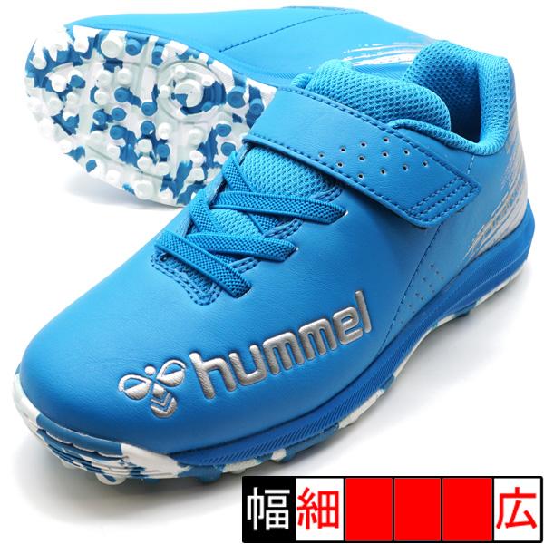 ジュニア サッカー トレーニングシューズ ベルクロメーカー：ヒュンメル hummelカラー：サックス×シルバーアッパー：人工皮革+合成繊維ミッドソール：合成樹脂アウトソール：ゴムこどもの足にとことんやさしい『プリアモーレ』ジュニアの足に優し...