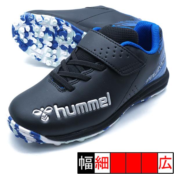 ジュニア サッカー トレーニングシューズ ベルクロメーカー：ヒュンメル hummelカラー：ブラック×ブルーアッパー：人工皮革+合成繊維ミッドソール：合成樹脂アウトソール：ゴムこどもの足にとことんやさしい『プリアモーレ』ジュニアの足に優しい...