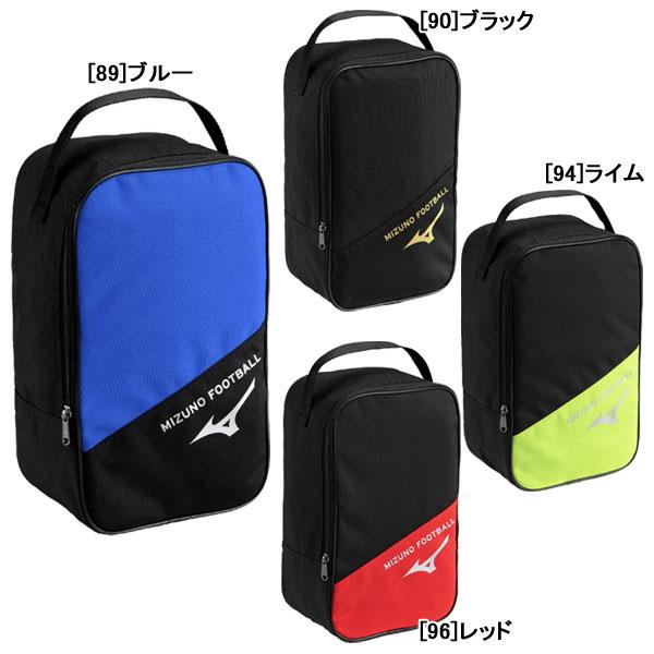 シューズケースメーカー：ミズノ mizunoカラー：【89】ブルー　【90】ブラック　【94】ライム　【96】レッド素材：ポリエステル（裏加工PU）サイズ：20×14×34cmサッカースパイクとメンテナンス用品が収納可能なシューズケース【在...