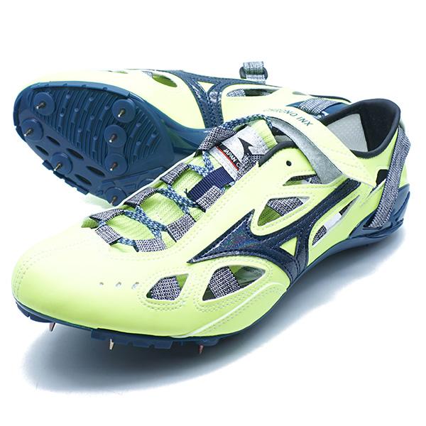 陸上スパイク 短距離 ハードルメーカー：ミズノ mizunoカラー：イエロー×ネイビーアッパー：人工皮革、合成繊維アウトソール：合成底不動の短距離フラッグシップモデル。アッパーリニューアルでさらにフィッティング向上を追求。【在庫について】当...