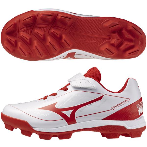 クッションレボダイア Jr.【カラー】62：ホワイト×レッド【素材】アッパー：人工皮革/合成繊維アウトソール：ゴム底/スパイク / ゴム (固定式)【質量】約200g(21.0cm片方)【足幅】3E相当カンボジア製