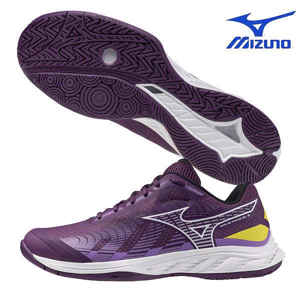 ウエーブファングシリーズのELモデル。●カラー：(03)パープル×ホワイト×イエロー●サイズ：23.5、24.0、24.5、25.0、25.5、26.0、26.5、27.0●質量：約305g(27.0cm片方)●甲材：人工皮革×合成繊維●底...