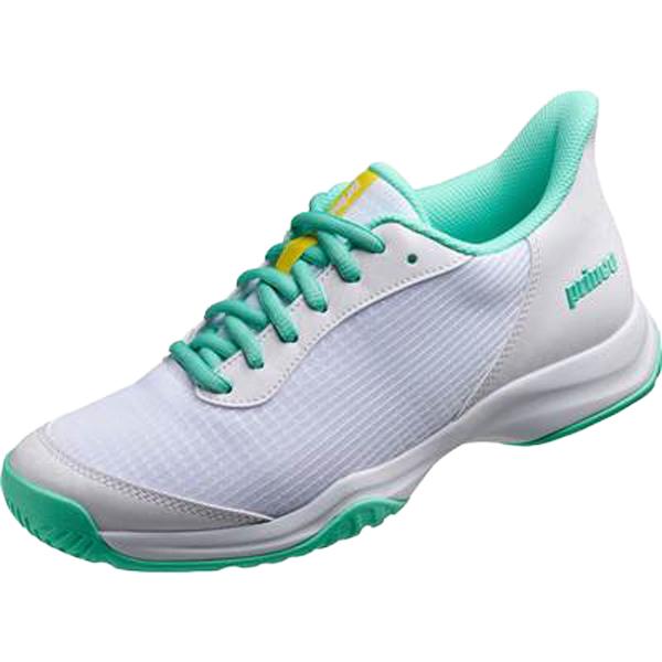DPS413（オールコート用シューズ）レディース テニスシューズメッシュアッパーでソフトな足入れ感を実現した軽量コンフォートモデル。【メーカー】プリンス Prince【カラー】374：ホワイト×エメラルド【素材】アッパー：人工皮革＋合成繊維...