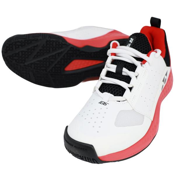 テニスシューズ ユニセックス オムニ・クレーコート用パワークッション 106ラウンドソール搭載のエントリーモデル【メーカー】ヨネックス YONEX【カラー】114：ホワイト／レッド【素材】アッパー：人工皮革＋合成繊維+合成樹脂、ミッドソール...