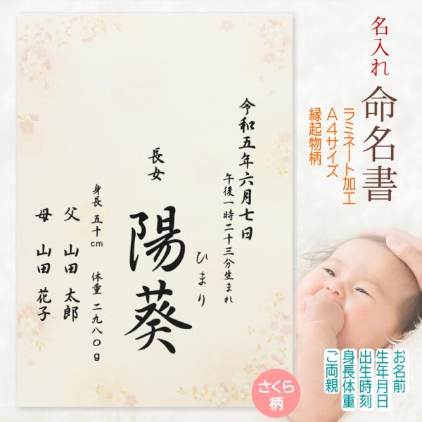 ■商品名：命名書 命名紙 さくら A4 ラミネート・書体は「楷書体」「行書体」の2種類よりお選びいただけます。・さくら柄の台紙。エンボス加工による和紙のような落ち着きのある美しい風合です。・ご注文後に当店よりメールをお送りしますので、返信に...
