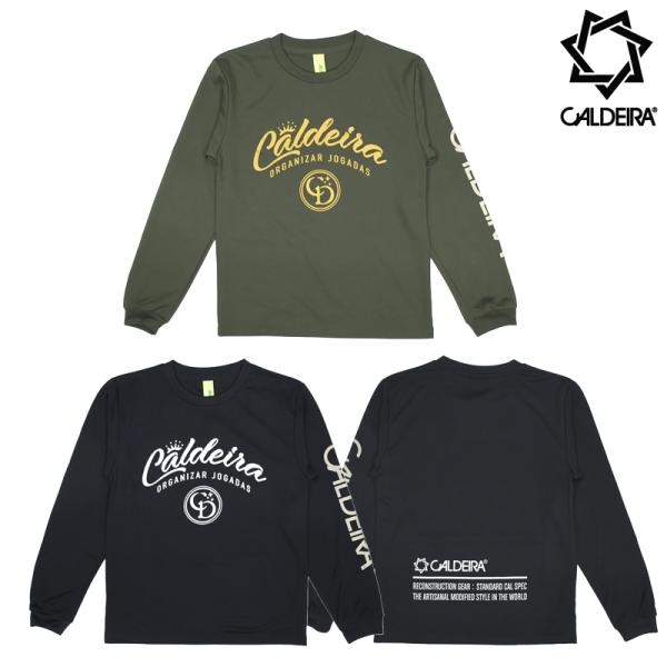 CALDEIRAの L/S プラシャツ“ウェアエバー”！キャルデラの長袖プラクティスシャツです。ドライタイプのベーシックロングスリーブシャツ。オールシーズン快適な着心地を保つ吸水速乾機能。王冠を入れたアーチロゴと、袖のプリントが印象的。