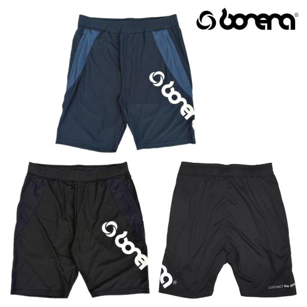 bonera の ストレッチハーフパンツ!!ボネーラのプラクティスパンツです。細めのシルエットでストレッチ性が非常に高いハーフパンツ。ポケット付近の生地の切替が特徴的なデザイン。左あし、後ろ右裾デザインはプリントです。両サイドにファスナー付...