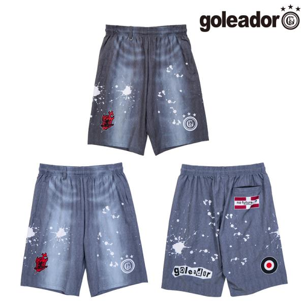 goleador の no futureコラボデニム柄ANARCHYハーフパンツ！ゴレアドールのプラクティスパンツです。ロックなペイントデニムを昇華プリントで表現しています。軽くサラッとした生地。やや丈が長めなのでロックシーンからスポーツま...