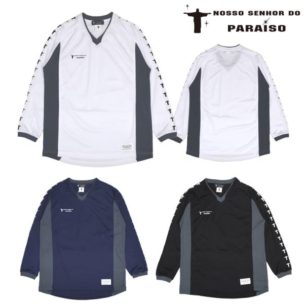 NOSSO SENHOR DO PARAISO の ラインロゴロングプラシャツ！ノッソセニョールドパライーゾの長袖プラクティスシャツです。袖にロゴラインが入った切り替え長袖プラシャツ。ライン状にデザインされたキリスト像ロゴが特徴的。首リブは...