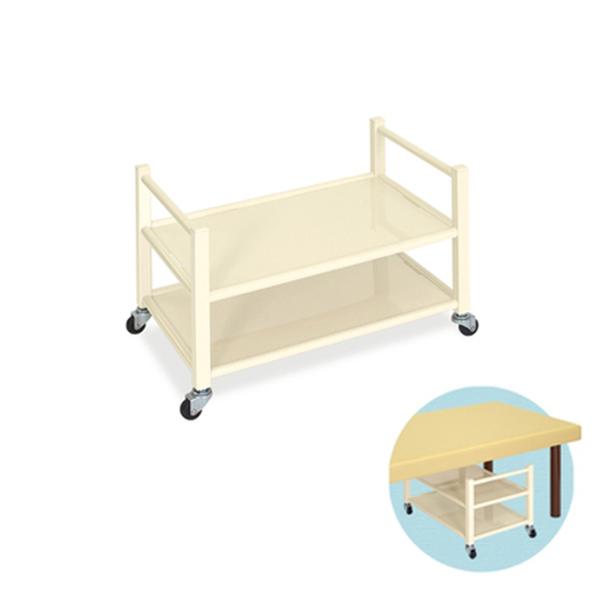 ベッドの下に器械等を収納できるコンパクトなメディカル用ワゴン。直径4cmの単輪キャスター付き。多目的に活用できる2段式タイプ。幅55cm、奥行36cm、高さ38cm