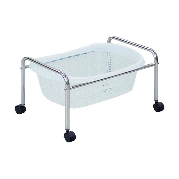 直径4ｃｍの双輪キャスター付き。衛生的なクロムメッキ加工仕上げ。衝撃強度に優れ水分や薬品にも強く丸洗いも可能なプラスチックカゴ。幅52.5cm、奥行37cm、高さ30.5cm
