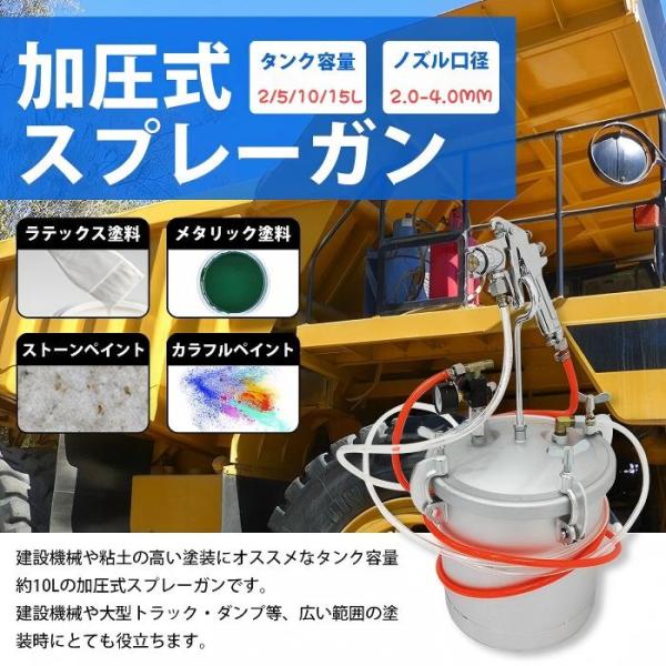2Lノズル口径：2.0/2.5/3.0/3.5/4.0 mm動作圧力：約0.2-0.3Mpaスプレーガン最大エアー圧力：約0.68MPaタンク最大圧力：約0.34MPaカプラーサイズ：1/4タンク容量：約2Lサイズ　タンク：39cm×12....