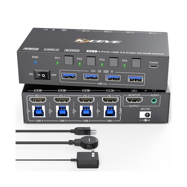 【KVMスイッチ 4ポート】HDMI 4ポートKVMスイッチは、4台のデスクトップ/ノートパソコンを切り替えて操作できます。1組のキーボードとマウスで4台のコンピューターと1台のモニターを操作できるため、モニター、キーボード、マウスを追加購...