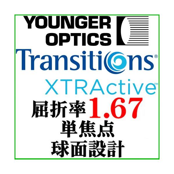 こちらはYOUNGER OPTICS社　調光レンズTransitions XTRActive67レンズです□　屈折率1.67　製作範囲は画像をご覧下さい　度数の範囲がわかり難い場合は、メール・お電話等でお気軽にご相談ください□　単焦点球面プ...