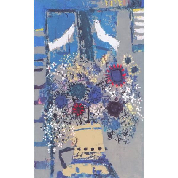 早川義孝「花と鳥と」 シルクスクリーン額付サイズ 360×450mmイメージサイズ 150×240mm限定250部 EA  かぶせ箱早川義孝 ＝はやかわ ぎこう＝1936 東京に生まれる1969 第13回 新槐樹社展 文部大臣賞受賞1981...