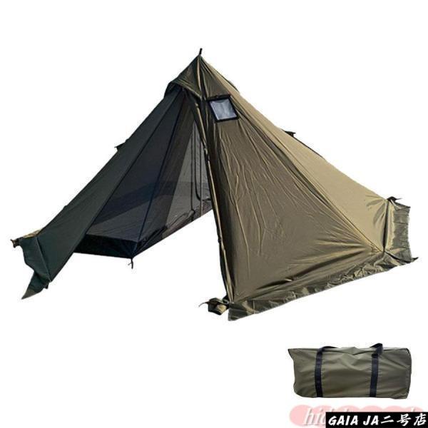 【設営簡単】ポール一本で自立設営できる。【防水性素材】防水性と難燃性のオックスフォード生地210dを混紡した素材。遮光性、難燃性、耐久性に優れています。煙突開口部：テント上部に薪ストーブ用煙突口付。テント内で薪ストーブ使用可能。スカート部：...