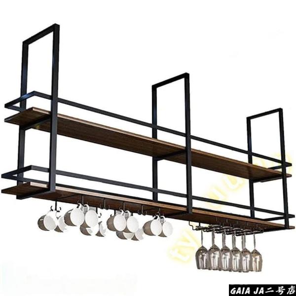天井ラック 吊り下げ収納棚 - 天井ワイングラスラック、鉄無垢材ワインラック、キッチンバーレストラン用フローティング棚、ガードレール付き