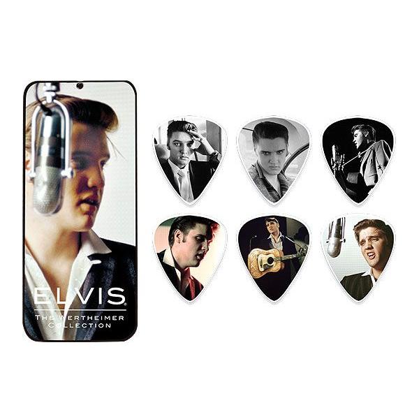 ジム・ダンロップ Elvis Wertheimer Collectionエルビスのアップの写真をプリントしたピック形状：ティアドロップ材質：ポリ製厚さ：ミディアムピック6枚、缶入り。
