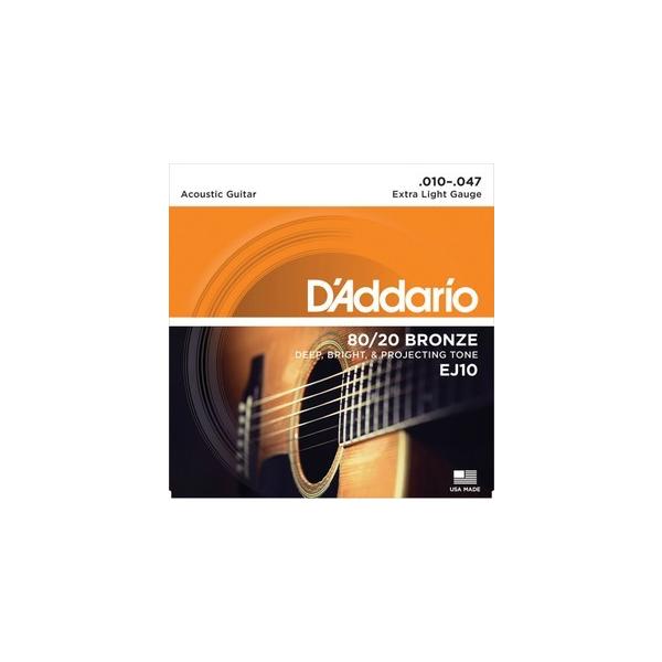 【D'Addario(ダダリオ)】アコースティックギター弦Gauge >>　Extra Light  1st:PL010  2nd:PL014  3rd:BW023 4th:BW030 5th:BW039 6th:BW047