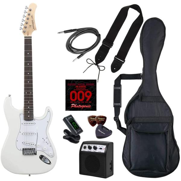 演奏する為に最低限のアイテムをそろえたお得な入門セット!【セット内容】・エレキギター本体・ソフトケース ・シールド ・六角レンチ  ・アンプ  ・チューナー  ・ストラップ ・ピック&amp;ピックケース ・スペア弦 ※セット小物のデザイン...