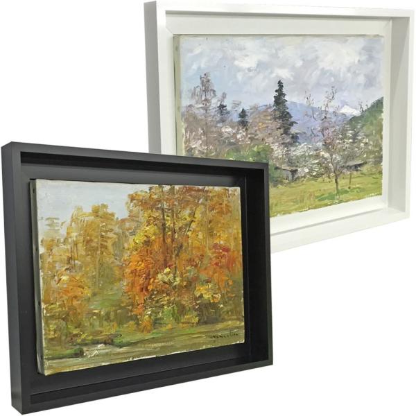 キャンバスの側面まで見せる、浮かしタイプの仮縁。作品を窪みに落とし込んで、後ろからビスで固定します。シンプルながら存在感のある額装になります。ブラックは艶消し、ホワイトは半艶ありの塗装仕上げです。作品を窪みに落とし込んで、後ろから木ネジで固...