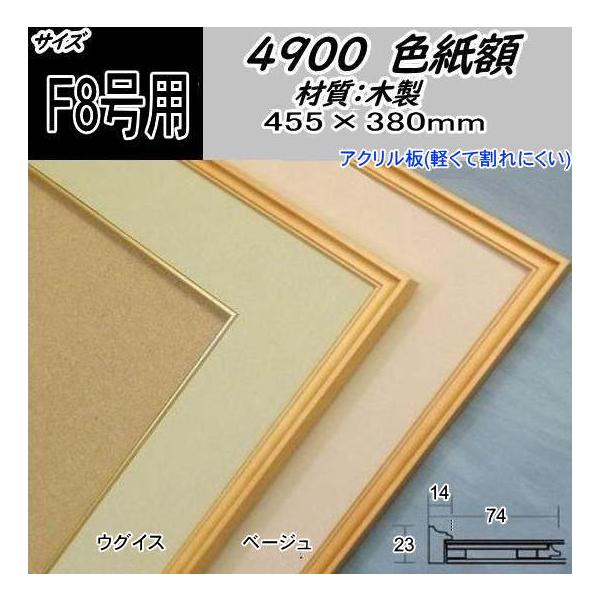 マット幅の広い昔ながらの色紙額です。箱・アクリルガラス・紐・額側金具付上品で落ち着いた木地仕上げの木製和額です。表面保護/アクリル国産品です。薄い作品専用額縁です。3mm厚の作品までF8サイズ　　455×380mm用額縁です。製造メーカー　...