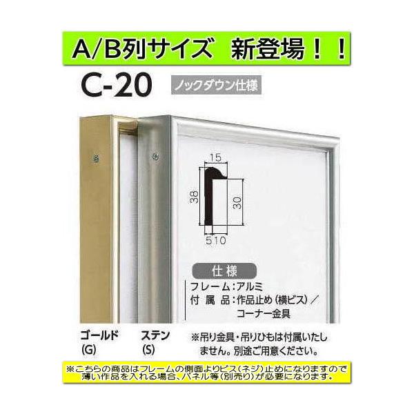 【仮縁C-20にA/B列サイズ新登場！！】■仕様細くシンプルな中に柔らかさを感じるスタンダードフレームです。組立式作品止め（横ビス）フレーム側面よりねじで止めるタイプです。フレーム/アルミカラー：ゴールド・ステンの2色になります。吊金具(額...