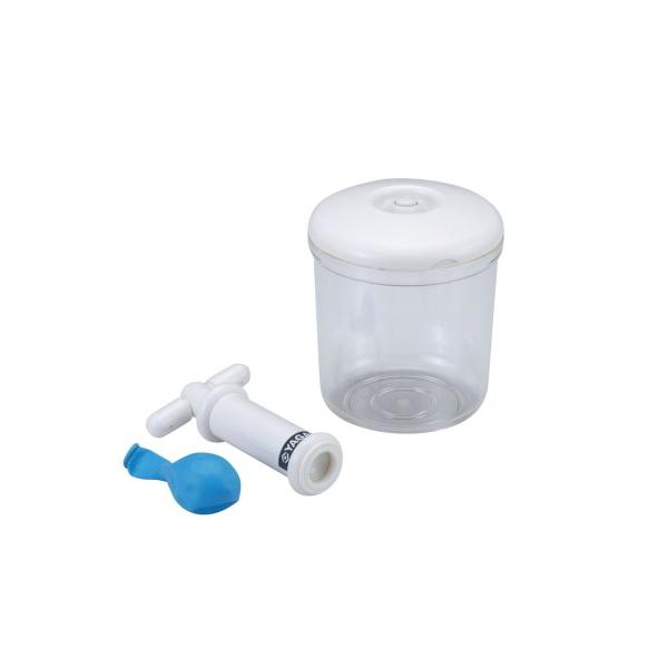 規格空気抜きポンプ：手動式、ABS樹脂容器本体：：φ122 ×144mm、ポリカーボネート製ふた：耐熱スチロール樹脂（弁付き）容量：1000ml容器のふたに手動式の空気抜きポンプを付け、空気を抜くことができます。約90％の排気が可能です。減...