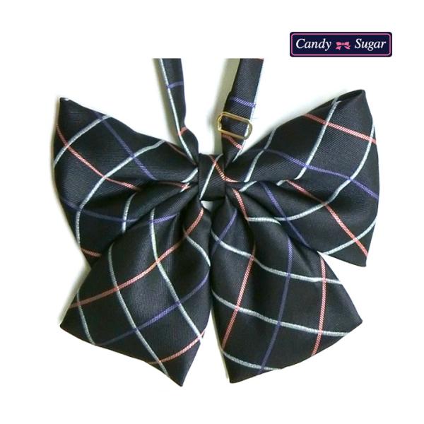 CandySugar(キャンディシュガー）濃紺にグレー・ピンク・ラベンダーのチェック柄のストライプのスクールリボン★ストラップは長めなので衿周りが小さい場合や、第一ボタンを留めて着用する場合には少しつまんで縮めてください。★★当社取扱いのセ...