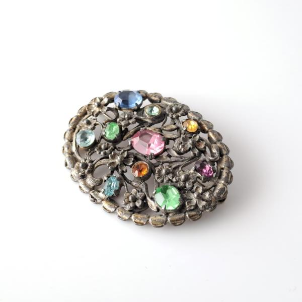 Vintage 1930's Uranium Glass Flower Brooch Rhinestone Silver Metal