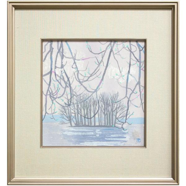 昭和を代表する日本画家：東山魁夷。 　生前に制作されたオリジナル木版画。 　印章入りの貴重な一枚です。 　作家名：東山魁夷題名：早春技法：木版画限定：2000部・印章入りレゾネNo.：No.82画面の寸法：縦26.4×横25.4cm額縁の外...