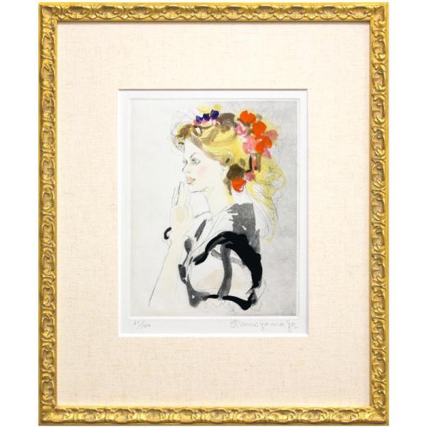 流麗な線と華やかな色彩で描く美人画は、「光と影の華麗なる世界」と称され今もなお人気を誇ります。こちらの作品は1979年(昭和54)発行の宮永岳彦 色彩銅版画「燦」手彩色三枚セットの内の1枚を、新品の額縁で額装したものです。各色彩銅版画には作...