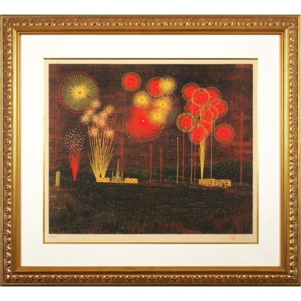 漆黒の夜空に、これでもかと咲き誇る、鮮烈な真紅と黄金色の火花。原画である貼り絵の、細くもちぎられた紙が幾重にも重なり合うことで生まれた独特の質感や、夜空に広がる光のグラデーションが、リトグラフの技法で忠実に再現されています。縦にまっすぐ伸び...