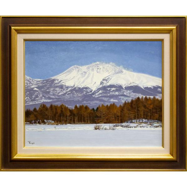 光と影、そして確かな筆致で日本の四季を描き出す若井良一画伯。本作は、画伯が長年向き合い続けてきたモチーフの一つである「浅間山」の冬の情景です。冠雪した山嶺、そして麓に佇む枯れ色の木々。手前の雪原が広がりを持たせることで、画面全体に奥行きと、...