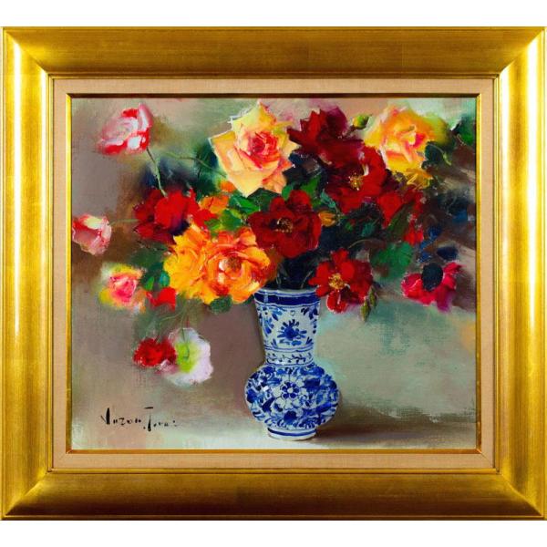 画面いっぱいに咲き誇る鮮やかな薔薇。寺井画伯の代名詞とも言える、生命力あふれる「赤」と輝くような「黄」のコントラストが、見る者の目を一瞬で奪います。【寺井重三】1928　石川県に生まれる1949　日展初入選1950　金沢美術大学日本画科卒業...