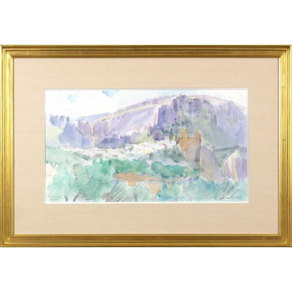世界を舞台に活躍した現代洋画界の巨匠、石垣定哉画伯による、凛とした空気感を纏った肉筆水彩画です。淡い青紫やラベンダーブルーが織りなす繊細な色彩で背景の山並みが描かれ、手前の瑞々しいグリーンの木々や温かみのある色彩で捉えられた古城の佇まいが美...