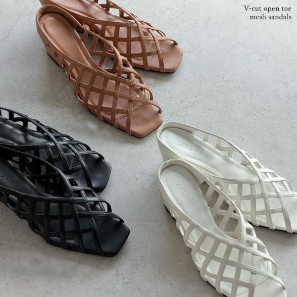 [大きいサイズ有]Vカットオープントゥメッシュサンダル※サイズ実寸(約cm) 【甲幅/甲外周り/ヒール】S(23.0cm相当)：7.7/14.5/6M(23.5cm相当)：7.9/15/6L(24.0cm相当)：8.1/15.5/6LL(2...