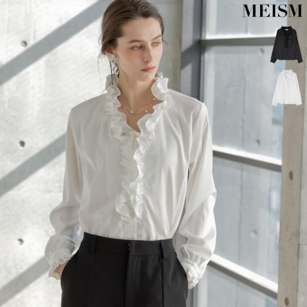 【発売日：2026年02月22日】[2026S/S COLLECTION][MEISM by Re:EDIT]サテンフリルトリミングブラウス※サイズ実寸(約cm) 【総丈/天幅/前下がり/肩幅/バスト/アームホール/袖丈/袖口/裾幅】M：6...