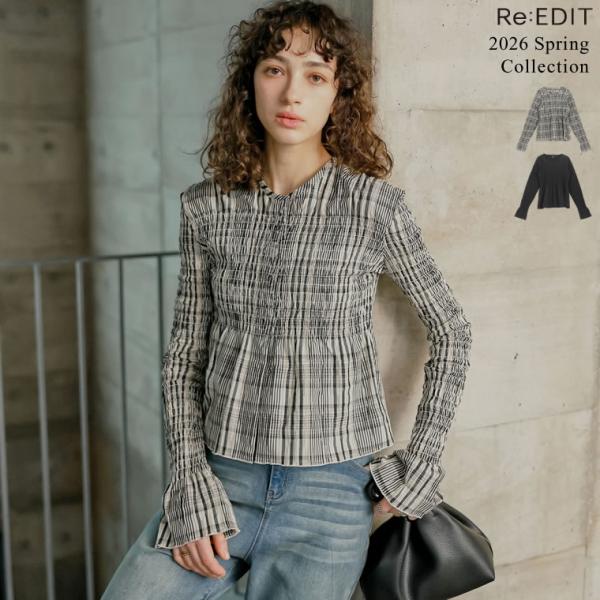 【発売日：2026年02月25日】[2026S/S COLLECTION]ギンガムチェックシャーリングブラウス※サイズ実寸(約cm) 【総丈/天幅/前下がり/肩幅/バスト/アームホール/袖丈/袖口/裾幅】M：57.5/16/10/43/81...