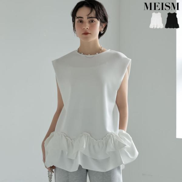 【発売日：2026年06月10日】[2026 SUMMER PRE ORDER][MEISM by Re:EDIT]ダンボールウェーブフリル切り替えノースリーブチュニックトップス※サイズ実寸(約cm) 【総丈/天幅/前下がり/肩幅/バスト/...