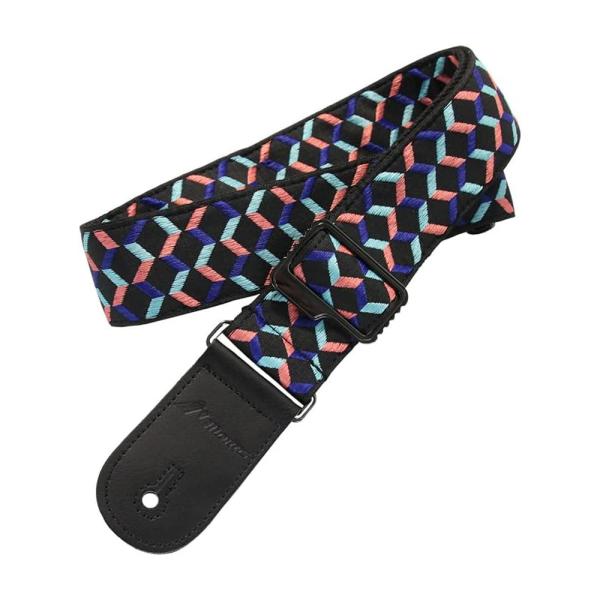 テクノ調なカラーリングと、幾何学模様のスタイリッシュなデザイン。しなやかで伸びにくい素材で、長時間の演奏においても体への負担が少なくなっています。長さ調整しやすいタブつきバックルを採用。※掲載画像はサンプルです。