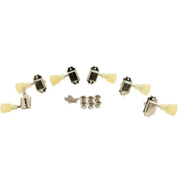 1960年後半から63年後期にかけてのギブソンで使用されていた“クルーソン・デラックス”「シングル・ライン：ダブル・リング・ノブ（1列刻印：ふたコブ・ツマミ）」、ニッケル・メッキ仕様の復刻ペグ。ギア・カバーに1列で「KLUSON DELUX...