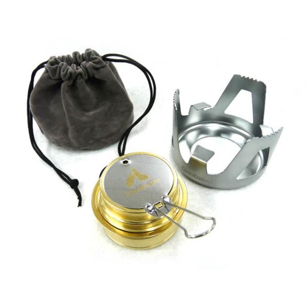 Gaobabuアルコールバーナー＋五徳ベース＋収納袋　以上3点のお得なセット販売です。お出かけ先でのティータイムだけでなく、本格的な調理にもご使用いただけます。※使用中・使用直後はたいへん熱くなります。取り扱いには十分注意して下さい。