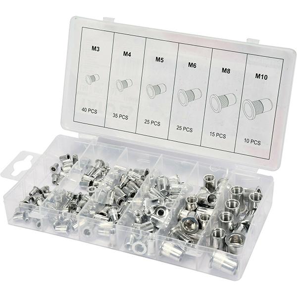 豊富なリベットナットのアソートメントで、150個入りです。6つの標準サイズ（M3からM10）が含まれています。これらのリベットナットは、薄い壁材や中空プロファイルに安定したスレッドを形成します。通常はねじ接続に使用されますが、リベットと追加...