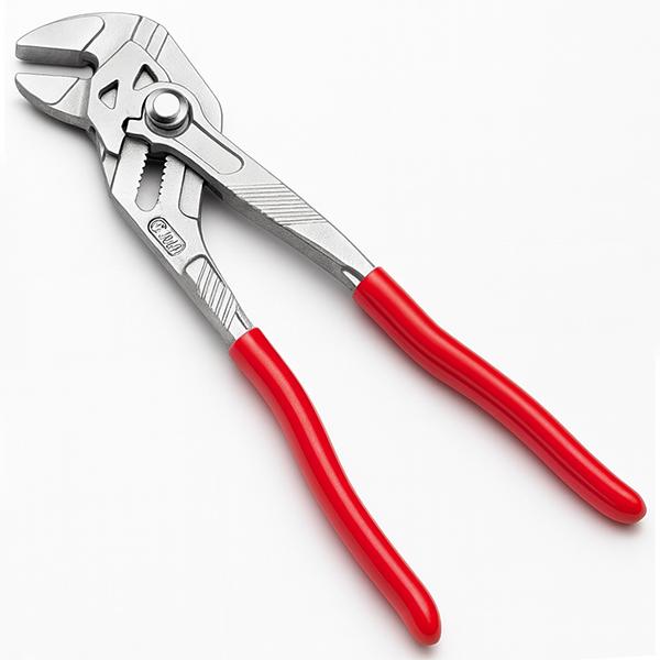 つかむ・締める・曲げる作業に最適！この工具は、調整可能で、プライヤーとレンチの機能を併せ持つため、状況に応じて使い分けられる便利な道具です。・つかみ面はフラットなため、対象物に傷をつけず、メッキ処理されたナットも安心して使用できます。・プッ...