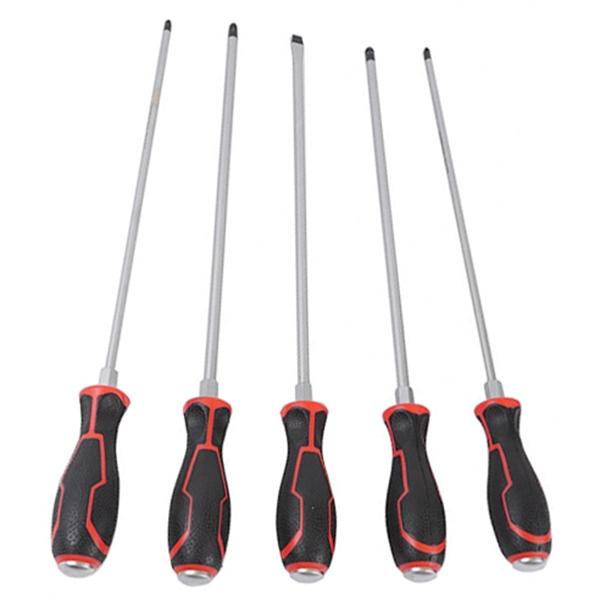 本製品は、全長約450mmの超ロングタイプドライバー5本セットです。高品質クロムバナジウム鋼（CR-V）を採用し、優れた強度・耐久性・耐腐食性を実現。高トルク作業や長時間の使用でも変形しにくく、プロユースにも対応します。※PZ（ポジドライブ...