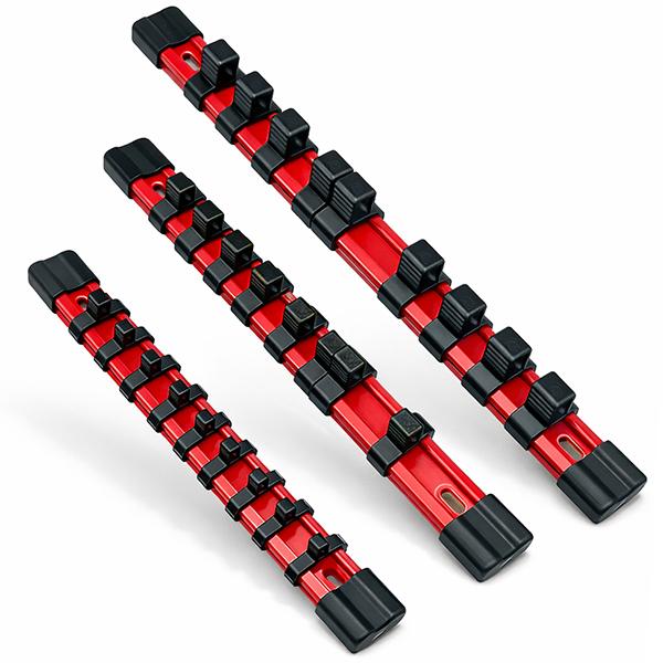 1/4"、3/8"、1/2”の3本セット、ソケットレンチの収納、整理整頓に便利です。壁にネジで止めることができます。■商品仕様・差込角 ： 1/4"、3/8"、1/2”・材　質 ： 樹脂・色　　 ： 赤※画像に写っているソケットレンチはイメ...