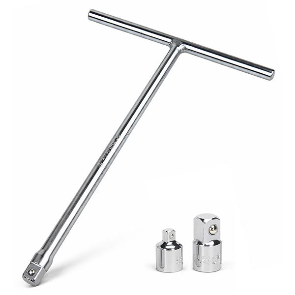 T型ハンドル+変換アダプター2pcのセットです。■商品仕様 ・全　長 ： 265ｍｍ ・横　幅 ： 180ｍｍ・差込角 ： 3/8"(9.5mm)・アダプター：1/4"＆1/2"に変換可能・材　質 ： CR-V・重　量 ： 330g